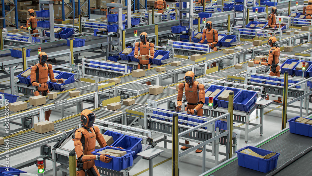 3D Render: Automated Warehouse or Logistics Center with Rows of General ...
