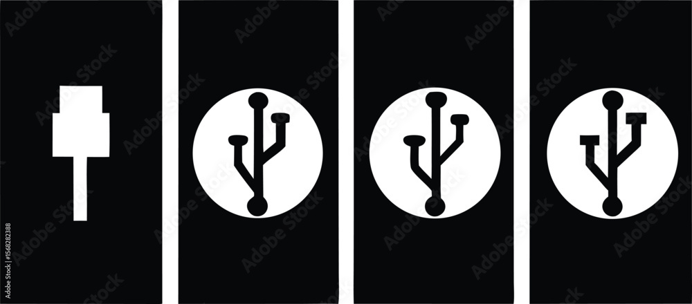 เวกเตอร์ Stock USB Connection and Cable Icons in Black and White ...