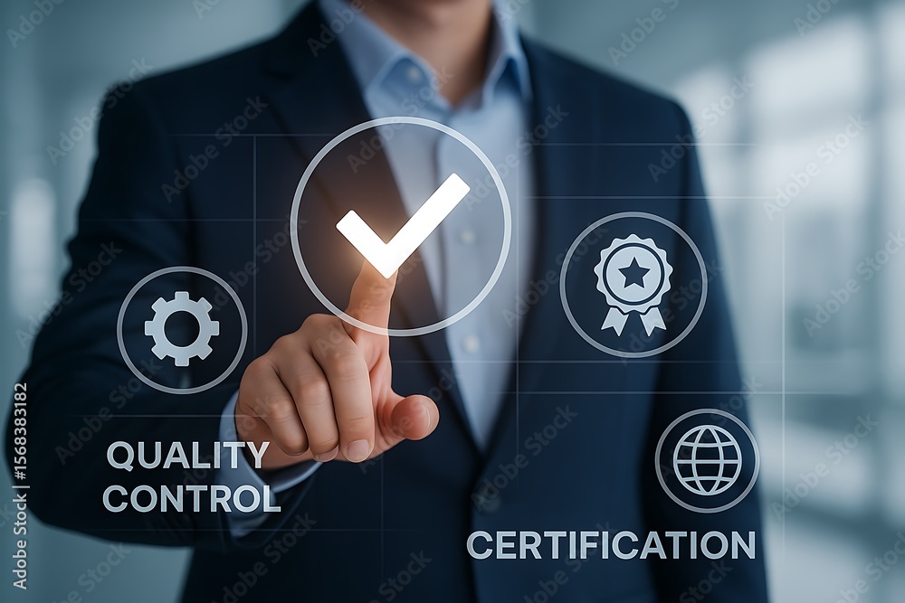 Man in suit touches a glowing check mark symbolizing quality assurance ...