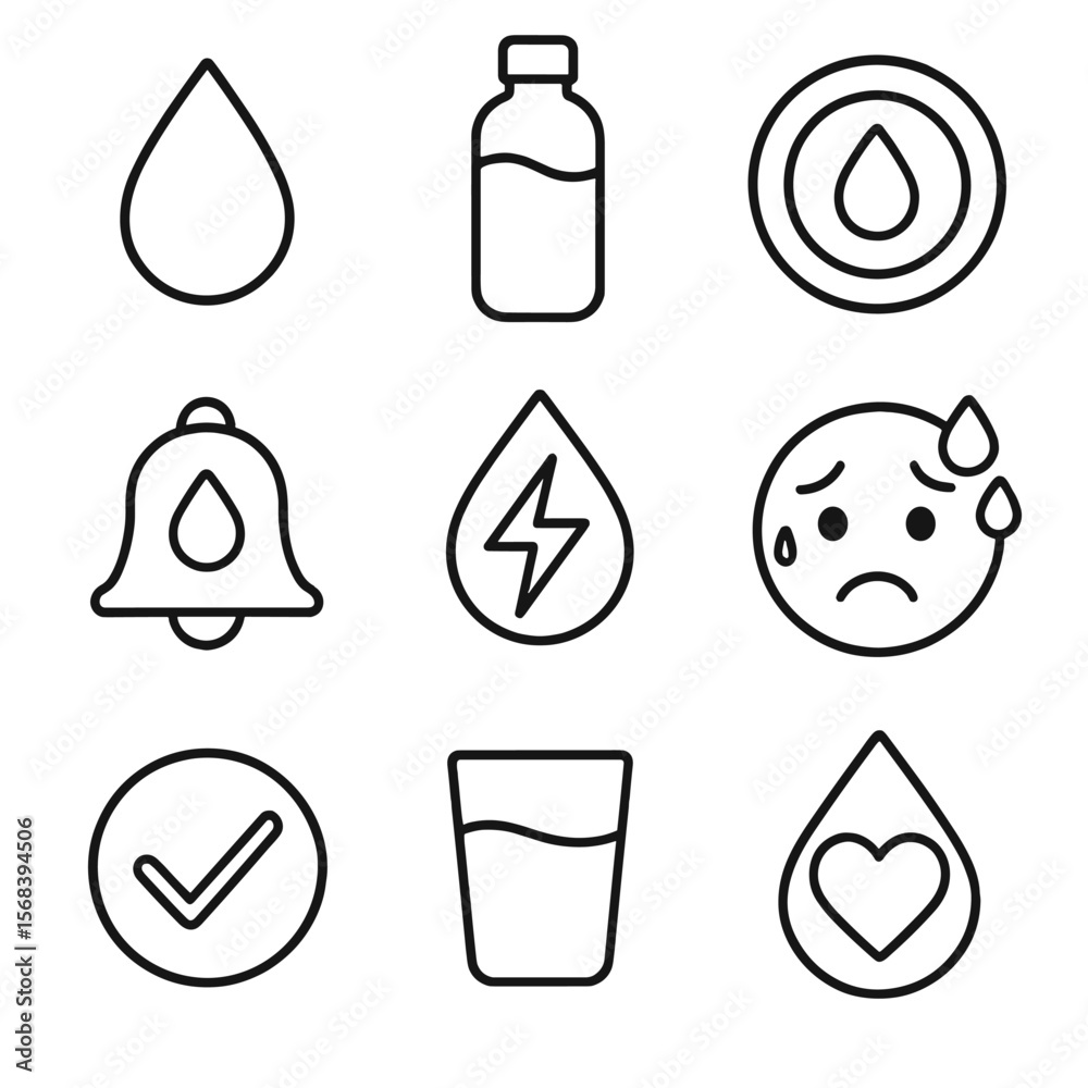 Hydration Symbol Icons. Outline style icons of Hydration Symbols: water ...