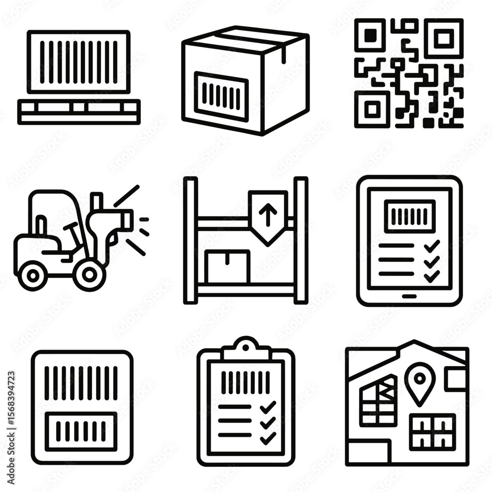 Warehouse Barcode Icons. Outline style icons of Warehouse Inventory ...