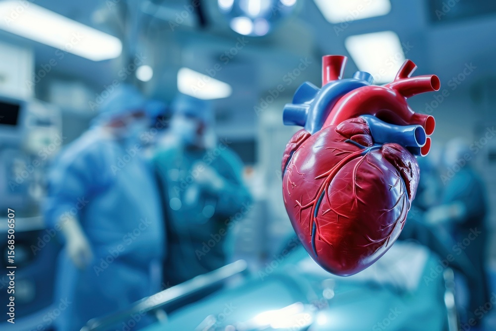 Realistic 3d model of human heart floating in operating room during ...