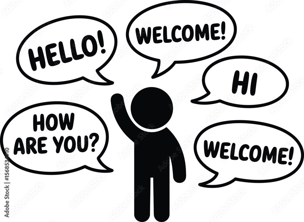 Friendly stick figure waving and saying hello welcome and how are you ...