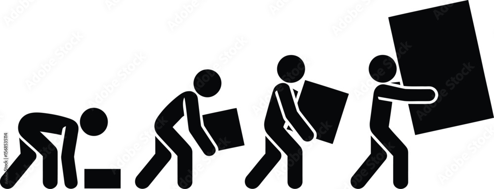 Stick figures progress through stages of lifting and carrying a large ...