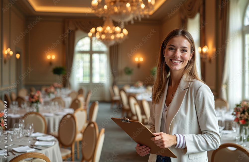 Smiling event manager with clipboard plans festivities in grand banquet ...