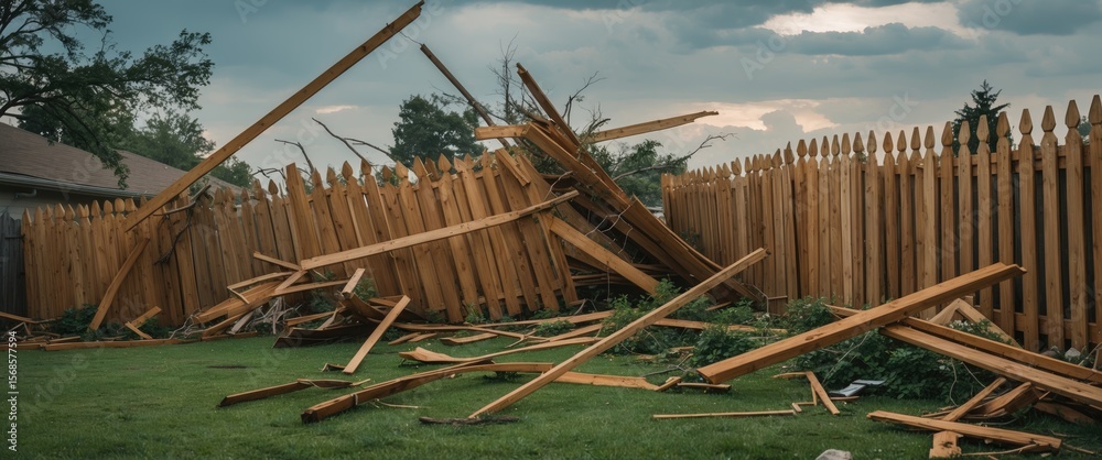 Parts Of A Wooden Fence Around A Yard That Has Fallen Due To A Storm ...