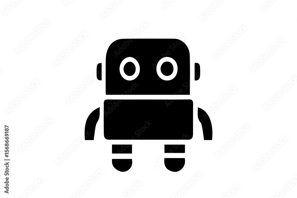 The robot has a rectangular head with two large circular eyes outlined ...