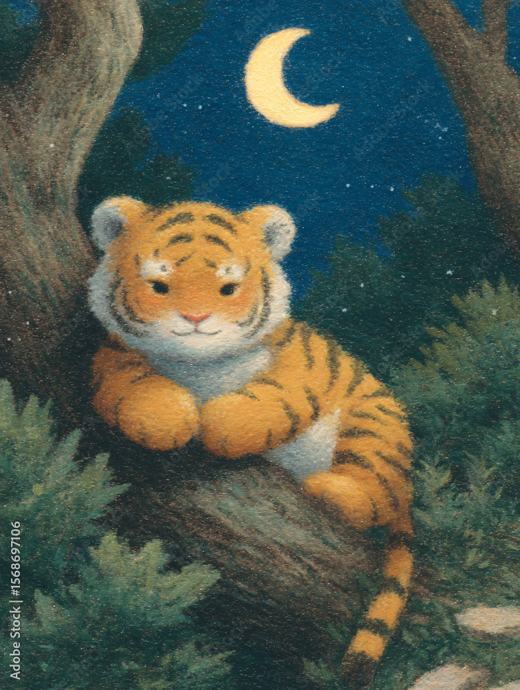 Cute Cartoon Tiger Resting Night Moon Forest Illustration Adorable ...