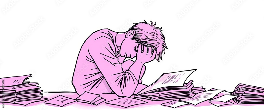 Single line drawing of a slumped figure, head in hand, overwhelmed by ...