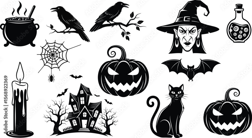 Collection of black halloween icons featuring witch cauldron spider web ...