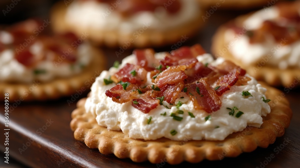 Foto de Stock Savory crackers with cream cheese and bacon topping for ...
