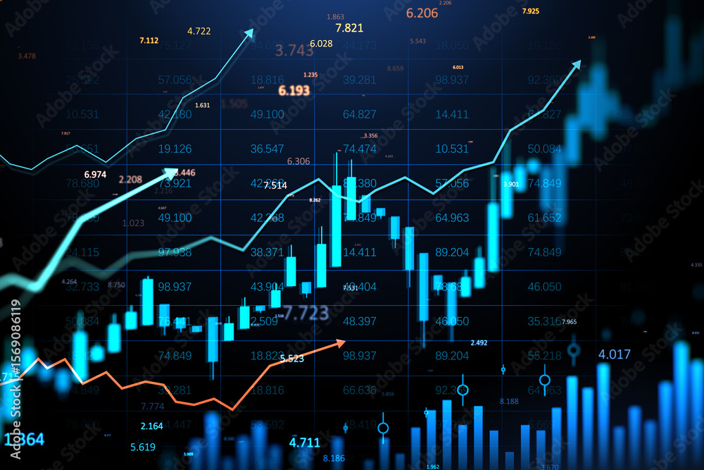 Digital forex and stock market chart with upward arrows and glowing ...