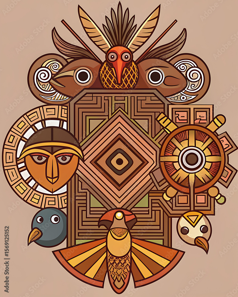 Aztec-inspired totem design with concentric symbols, spiritual animals ...