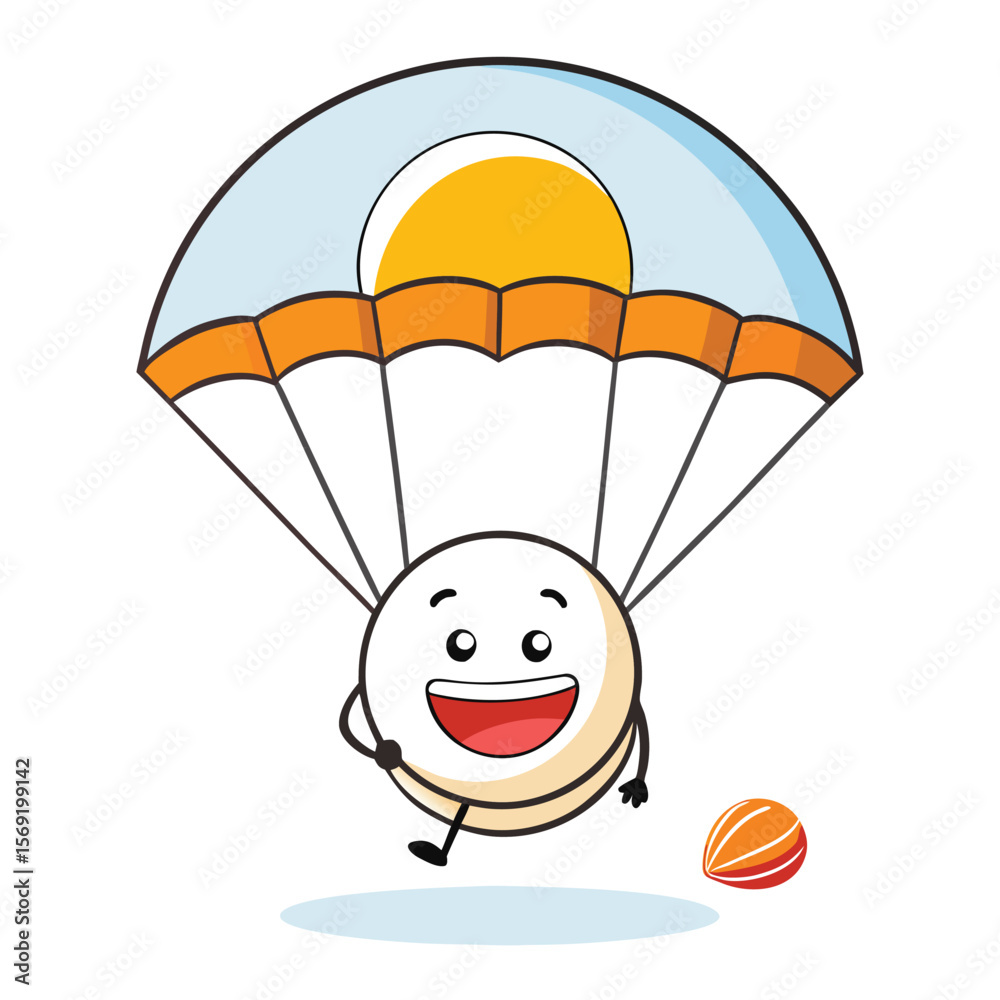 A cartoon parachute is floating with a smiling egg, a symbol of ...