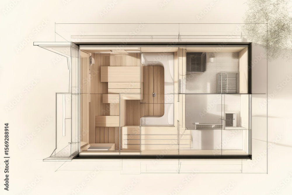 Architectural sauna floorplan with integrated smart vents, auto-light ...