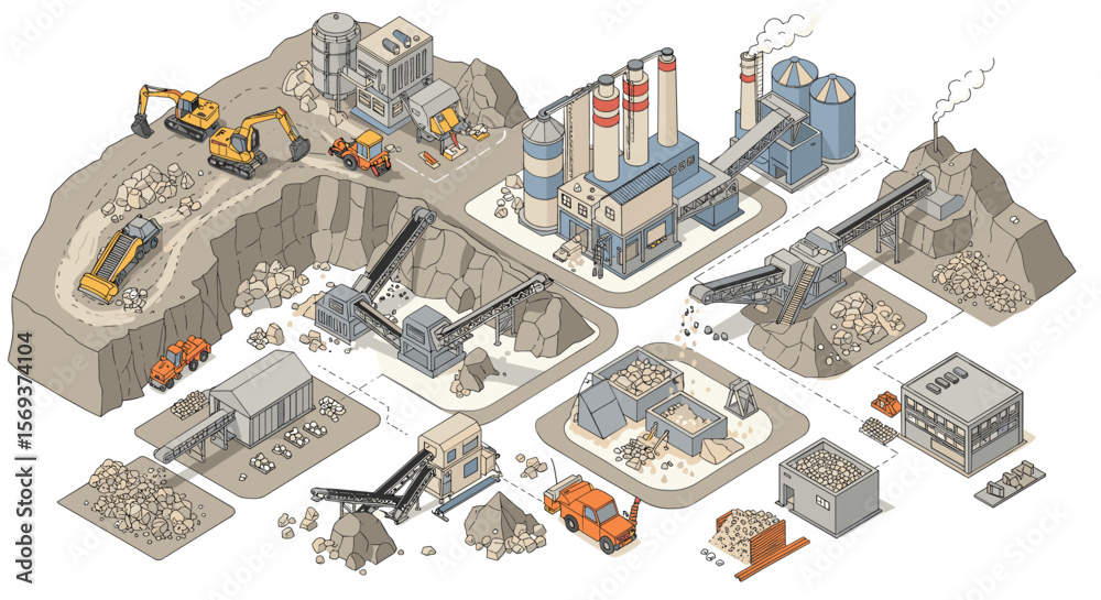 Isometric vector illustration of an industrial quarry with machinery ...