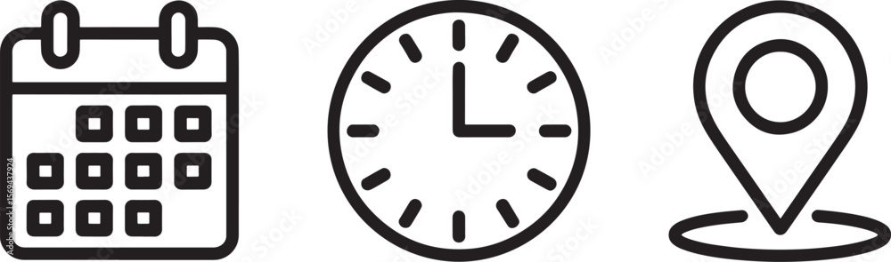 Calendar clock and location icons silhouette isolated on white ...