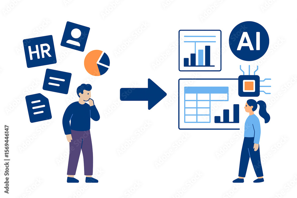 Ilustrace Flat vector illustration showing the transition from traditional HR processes to AI ...