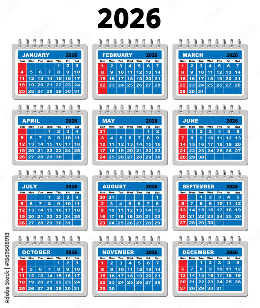 Vettoriale stock di Spiral calendar design template for 2026 with bold ...