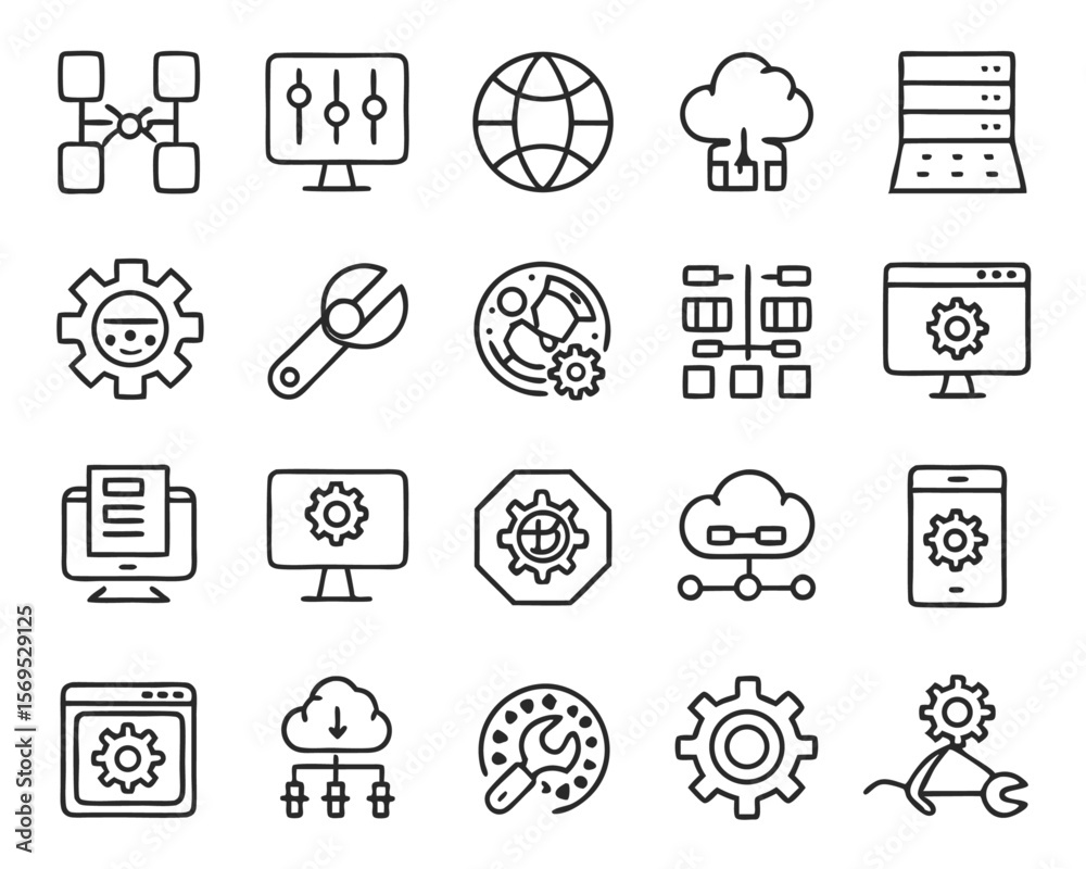 Collection of thin line graphical elements representing information technology management roles ...
