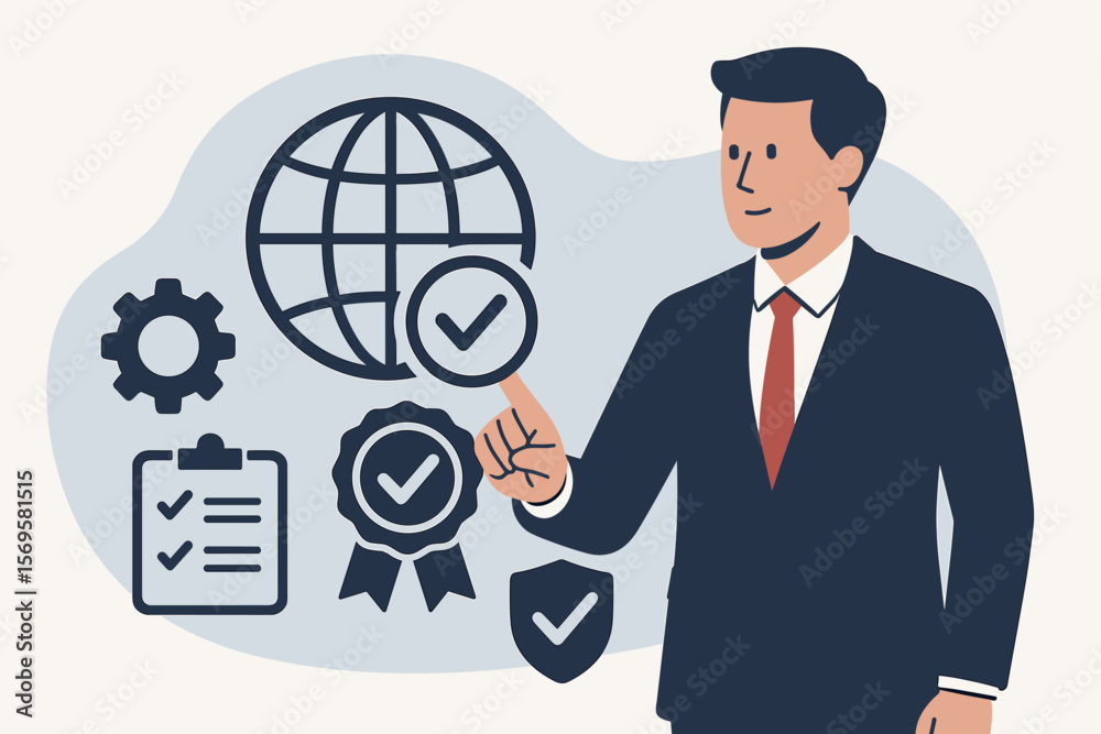 ISO 9001 standard certification concept. Businessman chooses quality ...