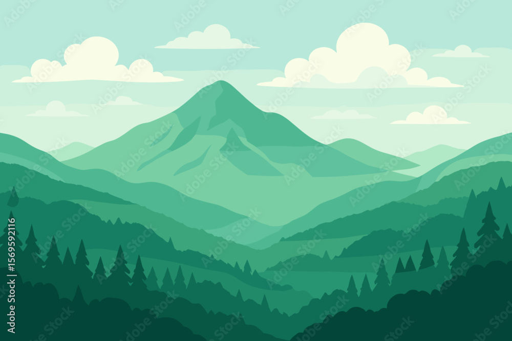 Green mountain landscape with hills and forest silhouette. Nature ...