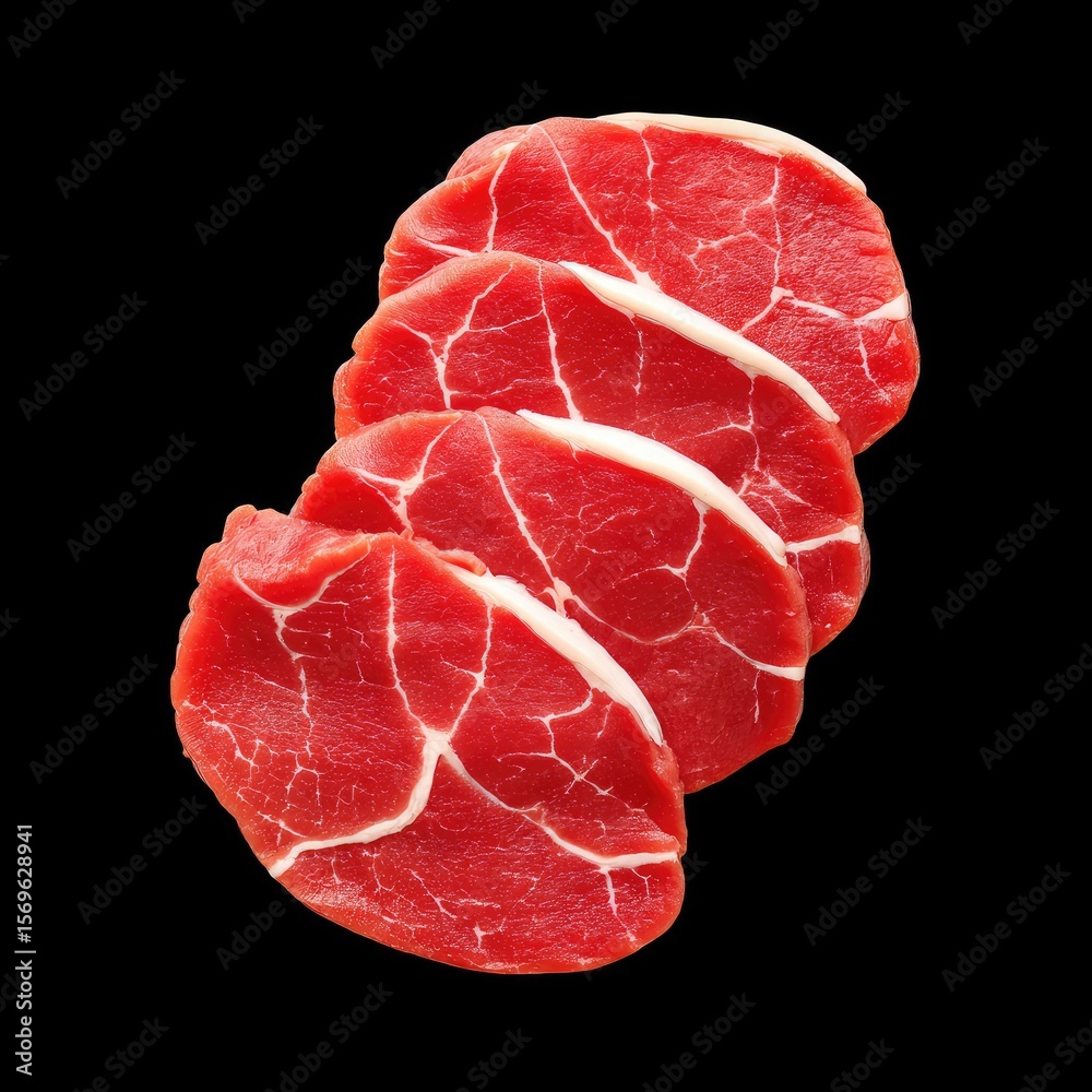 Fresh raw beef slices display vibrant red meat with marbling, perfect ...