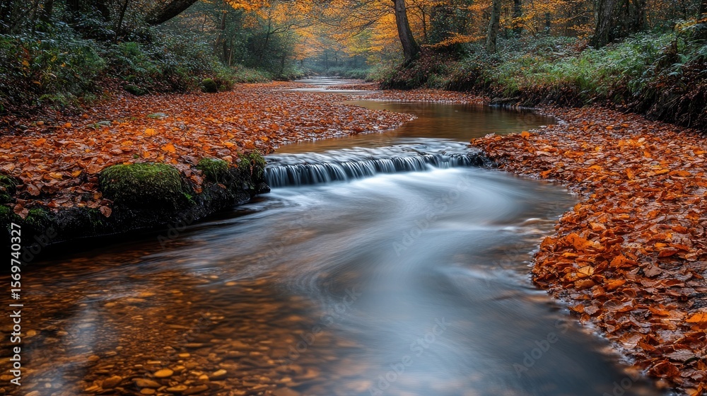 Clear water stream passing through a forest path, softly illuminated by ...