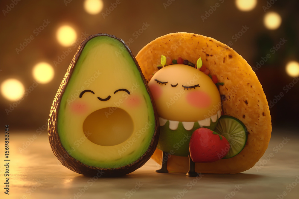 Two cute cartoon characters, an avocado and a taco, hugging each other ...