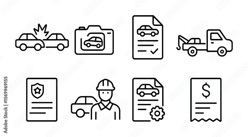 Car Accident Claim Icons. Outline vector icons of car accident claim ...