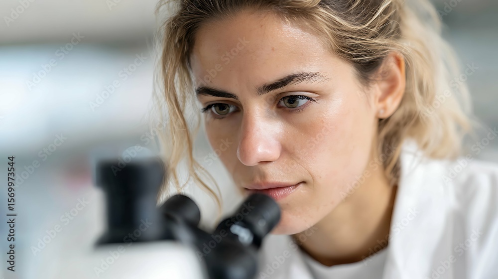 Scientist examining petri dish under microscope in laboratory, female ...