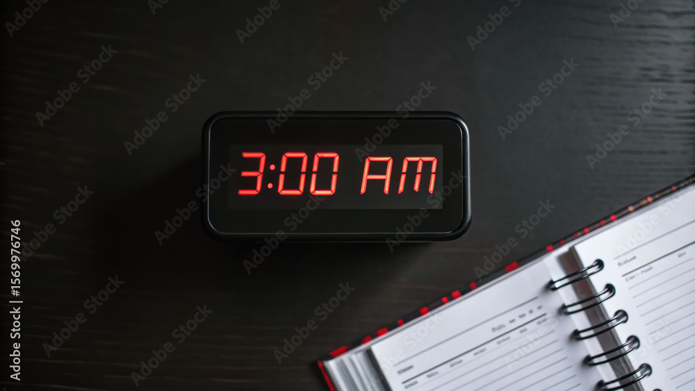 Digital clock 3AM red LED dark background planner open notebook time ...