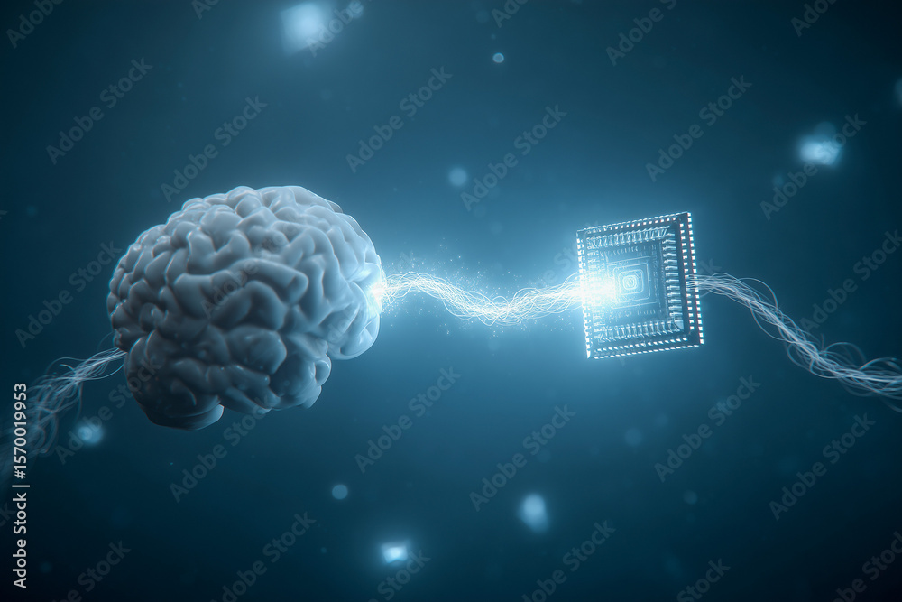 A glowing human brain is connected to a microchip by a bolt of energy ...