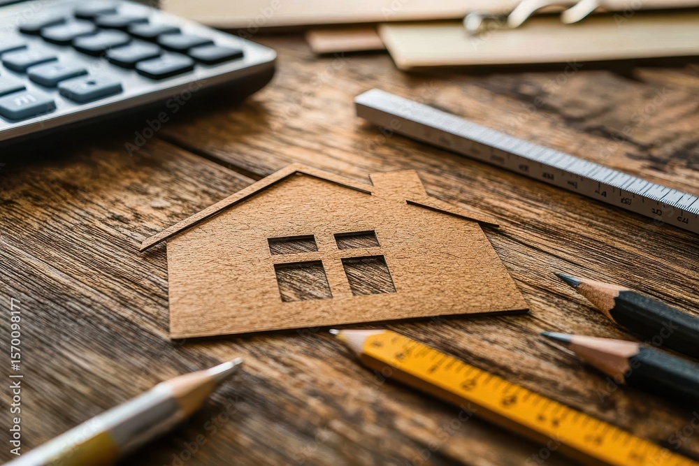 Wooden house model with ruler, calculator, and pencil on rustic wood ...