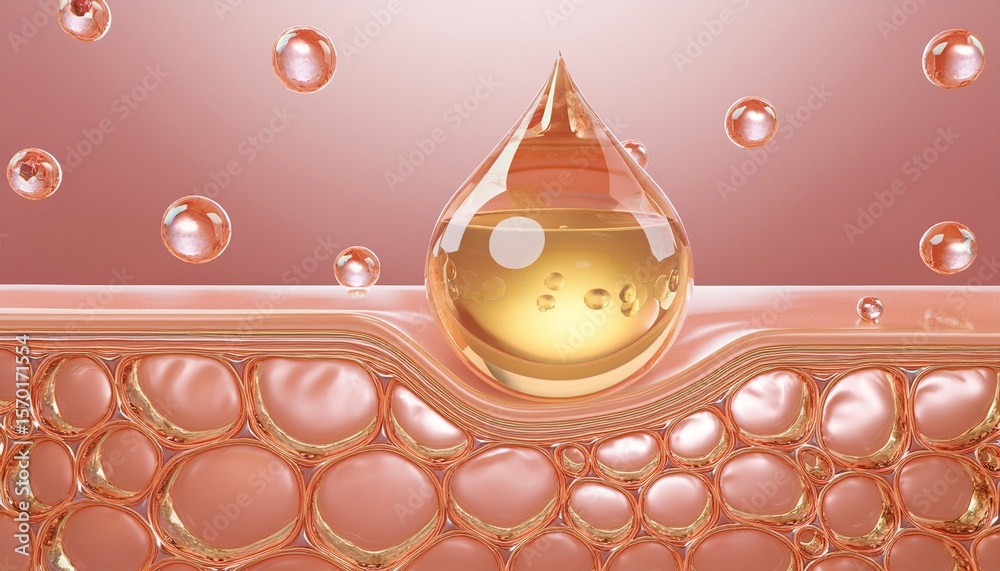 Illustration Stock liquid bubble oil with molecule drop on skin cell ...