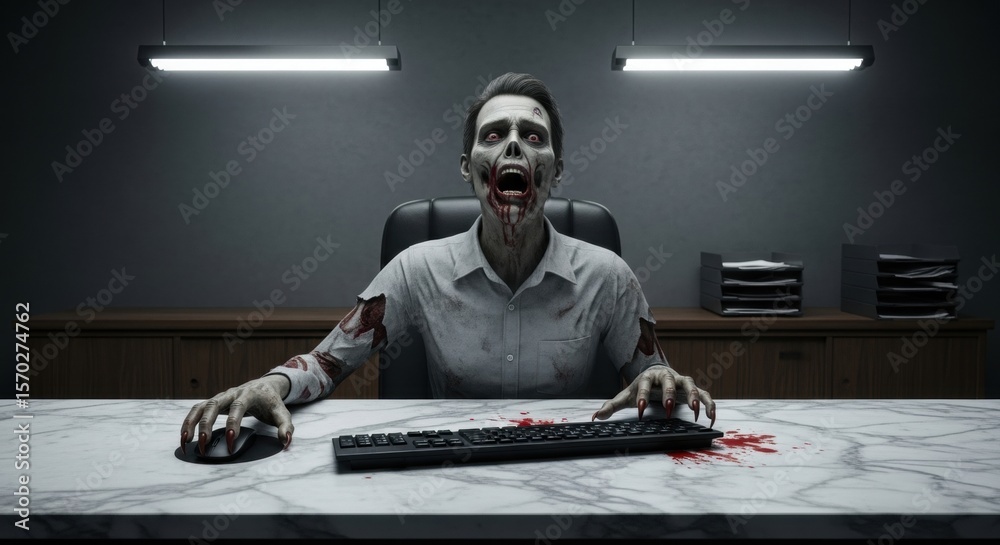 Zombie office worker at night desk horror scene Stock Illustration ...