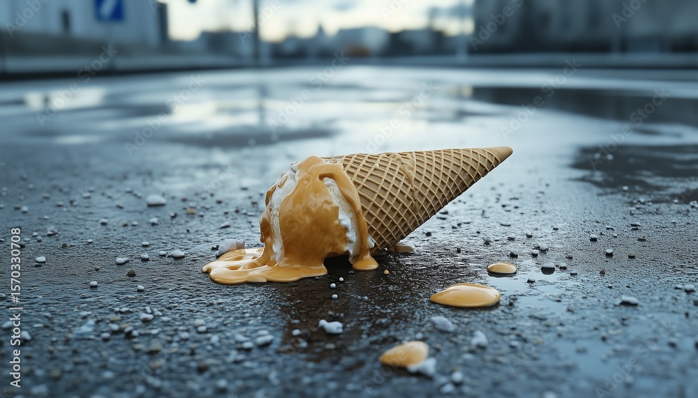 Waffle cone with vanilla ice cream melting falling on road after rainy ...