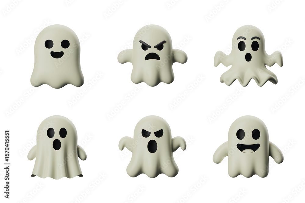 Six 3D Rendered Ghost Icons Set Off White Color Various Expressions ...