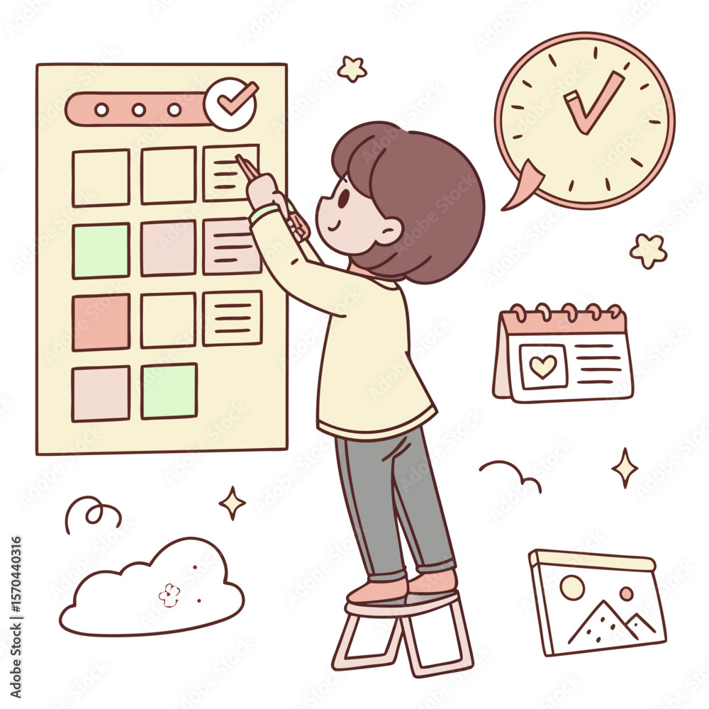 Cartoon girl on a ladder checking off tasks on a board with a clock and ...