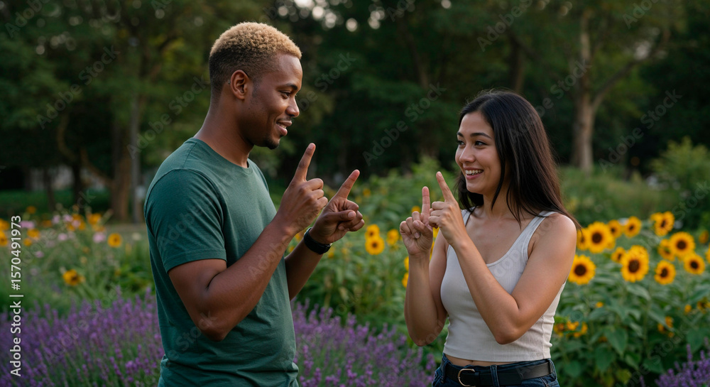 Deaf couple communicating in sign language in a flower garden Stock ...