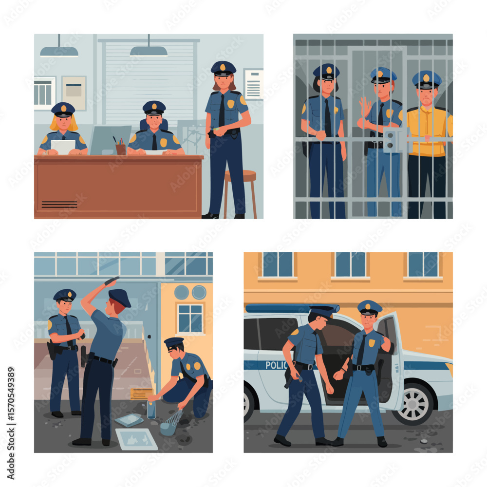 Police Officers at Work in Different Scenarios Stock Vector | Adobe Stock