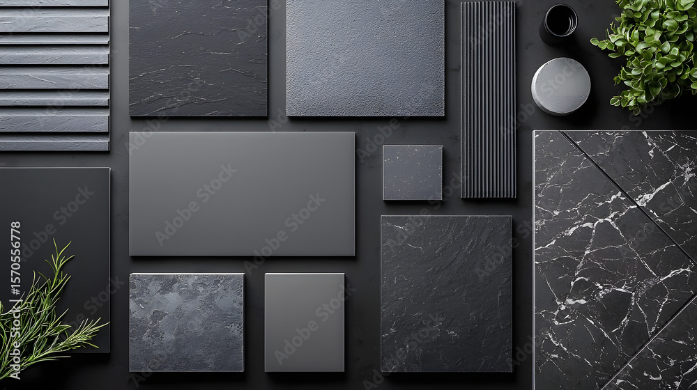 Elegant flat lay composition in grey and black color palette with ...