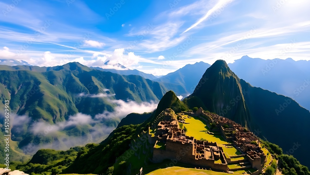 Panoramic view of Machu Picchu ruins in Peru, nestled in the green ...