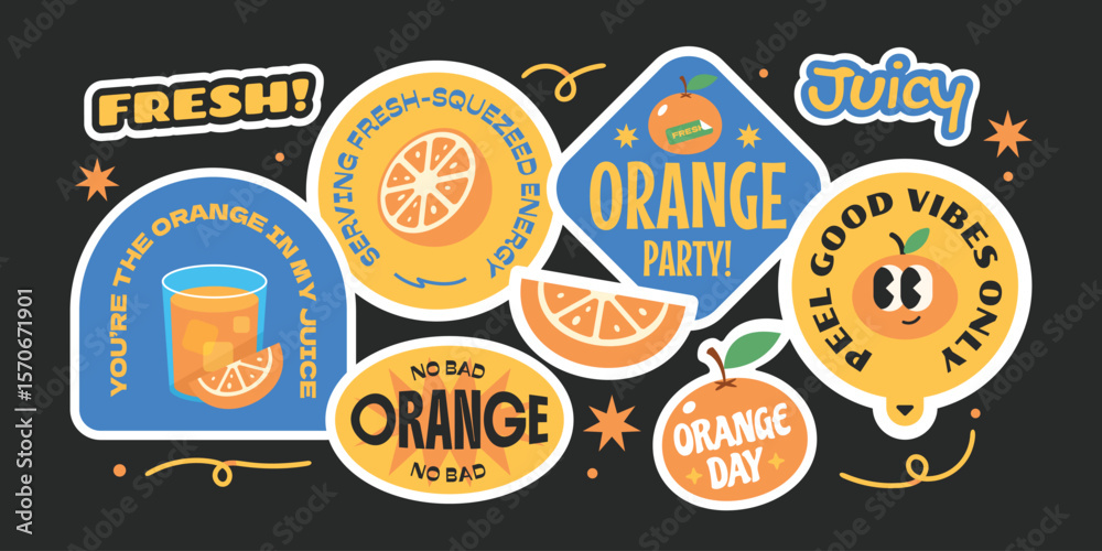 Groovy orange sticker collection. Trendy seasonal fruits label, badges ...