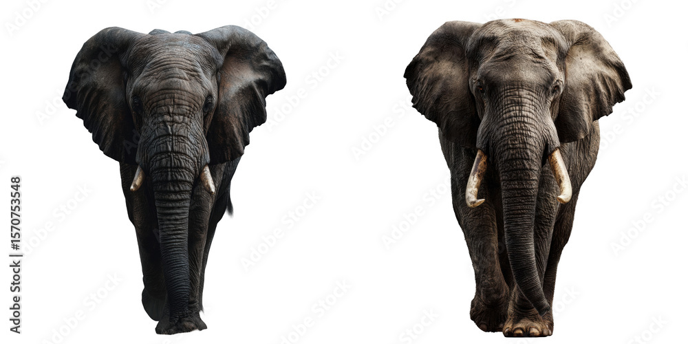 Two elephants facing forward with black background showing their tusks ...