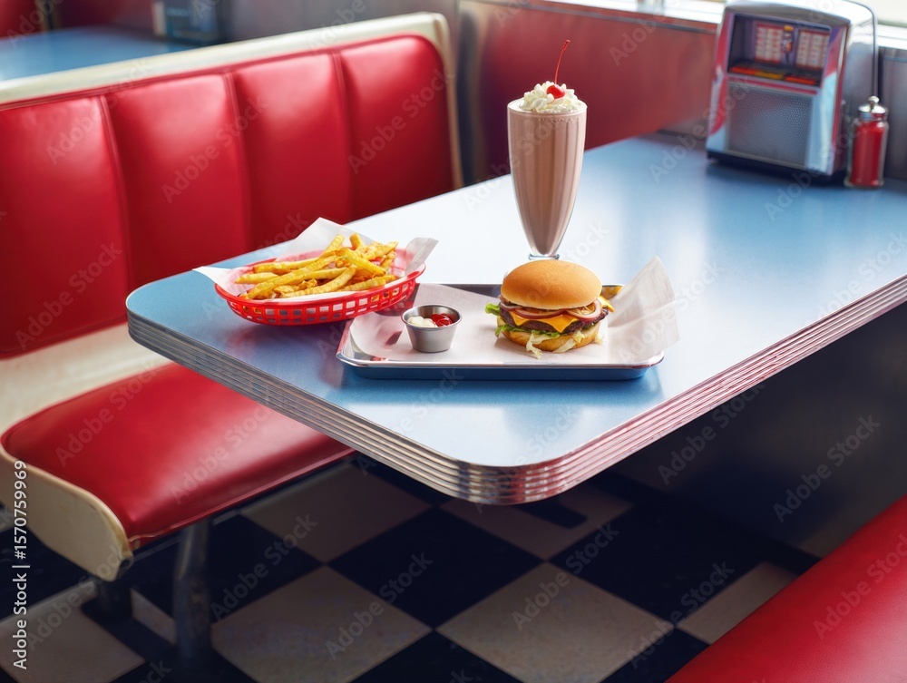 Classic american diner booth with cheeseburger, fries, and milkshake ...