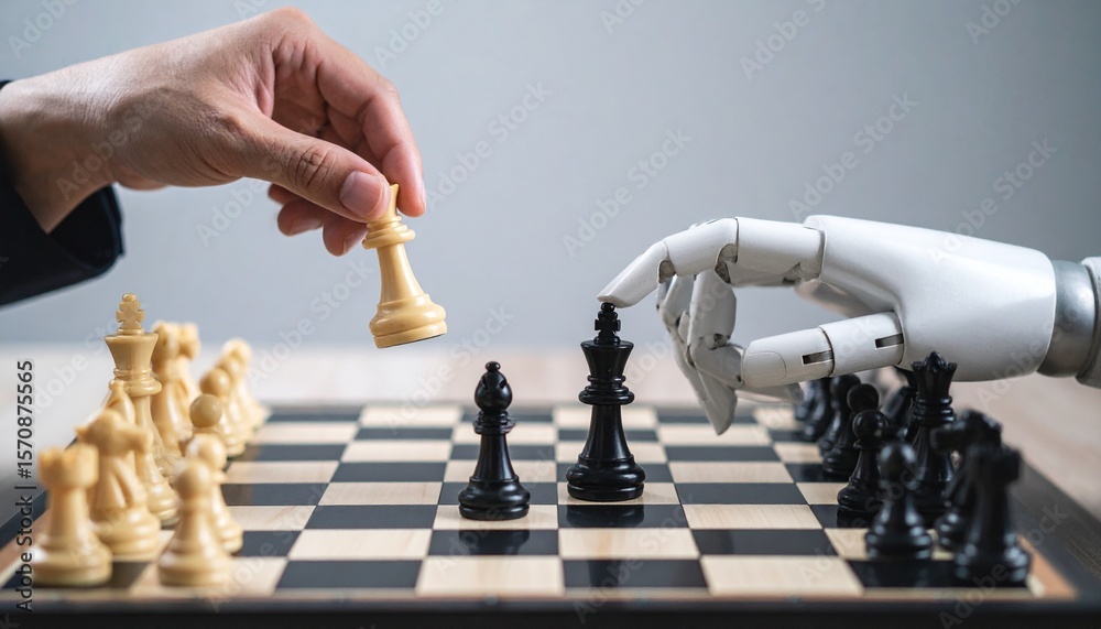 Human hand and robotic hand playing chess. A strategic game between ...