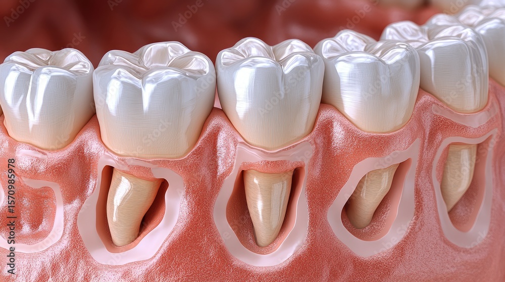 Ilustración de Stock Teeth in gums with bone structure showing the ...