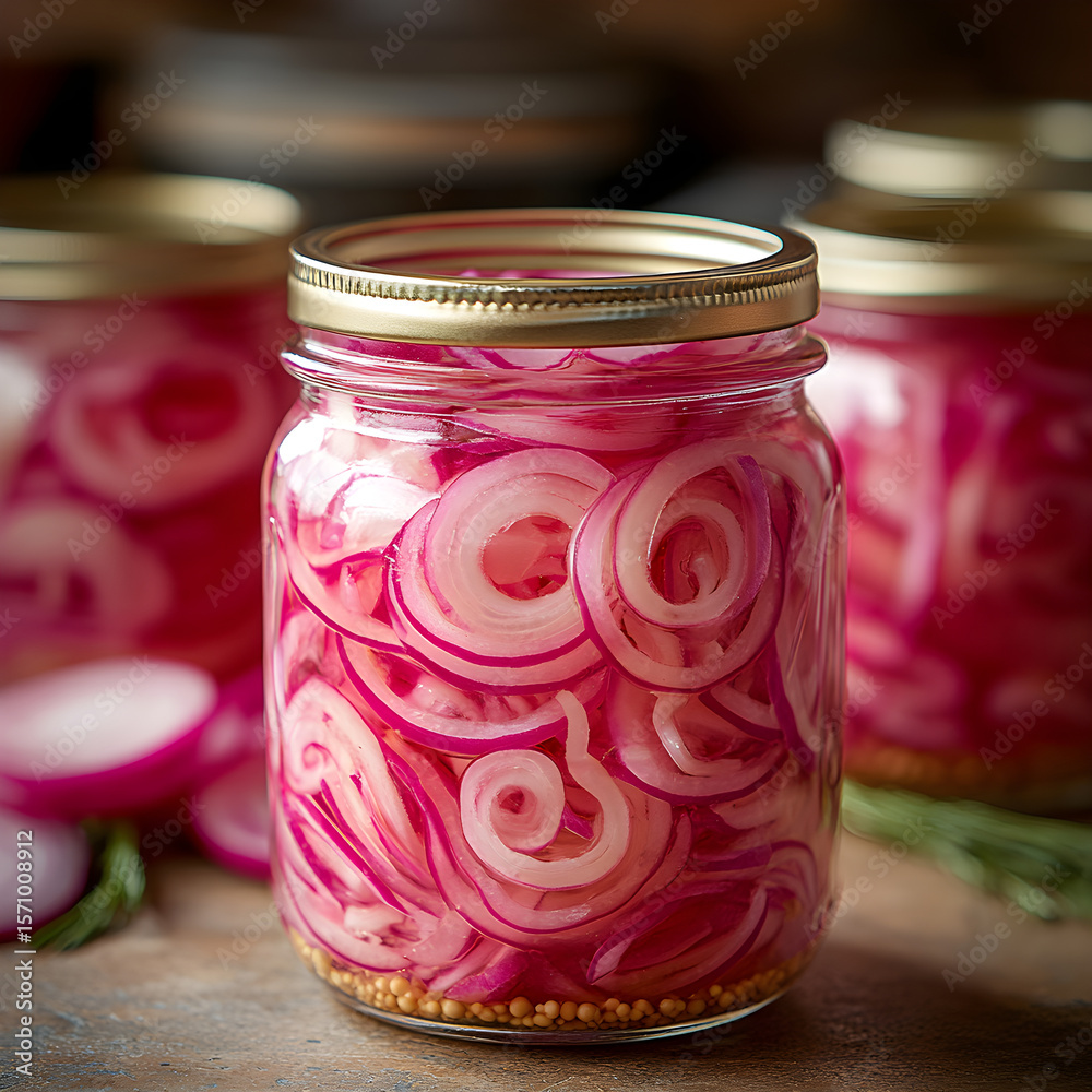 Preserved sliced red onions in glass jar displaying vibrant pink color ...