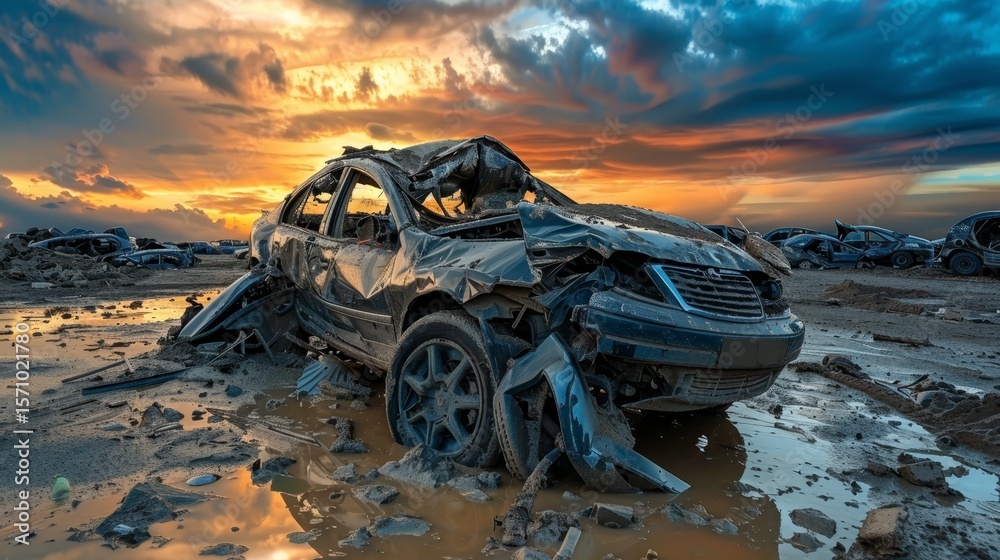 Devastated urban landscape a scene of wrecked cars and flooded streets ...